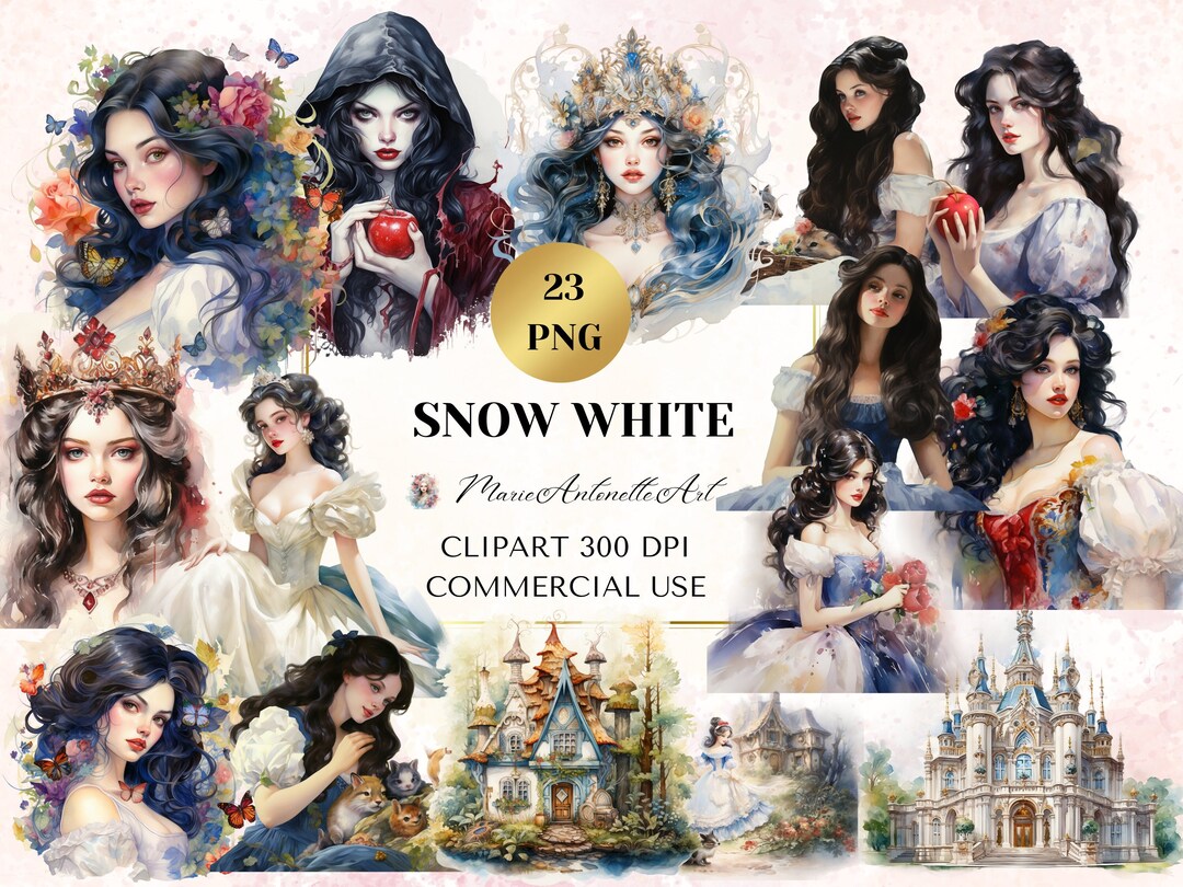 Snow White Watercolor Clipart, Digital Clipart Bundle, Fairy Tale Snow ...