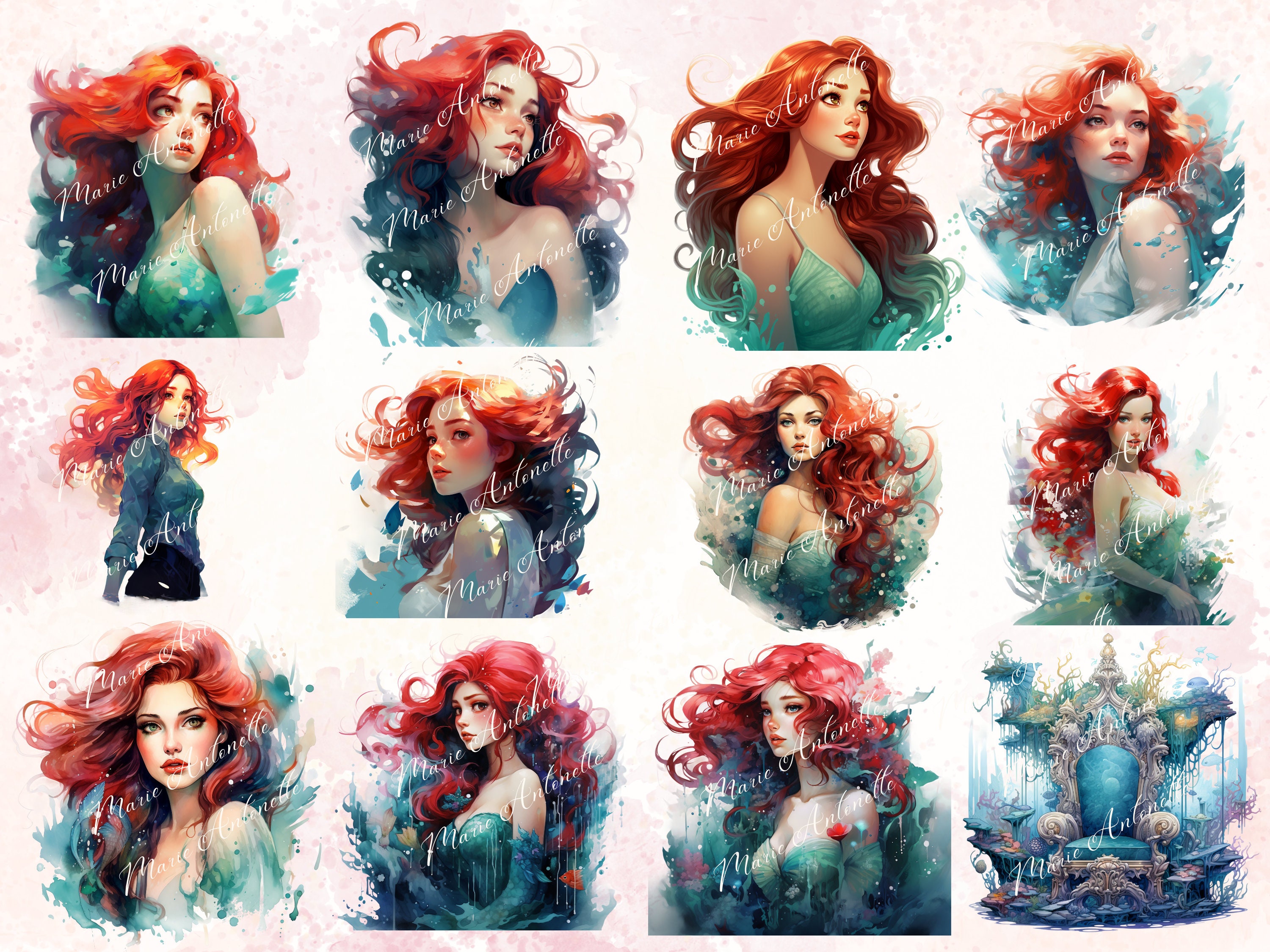 The Little Mermaid Watercolor Clipart, Digital Clipart Bundle, Fairy ...