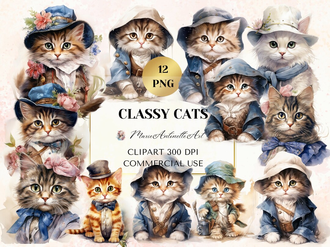 Classy Cats Watercolor Clipart,digital Clipart Bundle, Digital Bundle ...