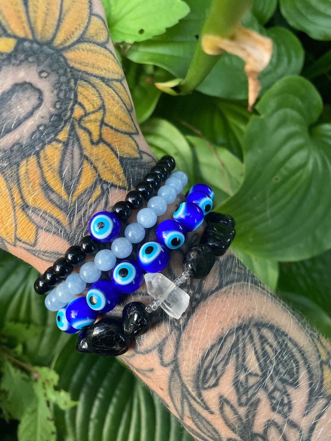 Protection Crystal Bracelet | Beaded Gemstones | Aquamarine, Evil Eye ...