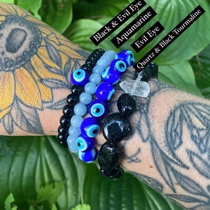 Protection Crystal Bracelet | Beaded Gemstones | Aquamarine, Evil Eye ...
