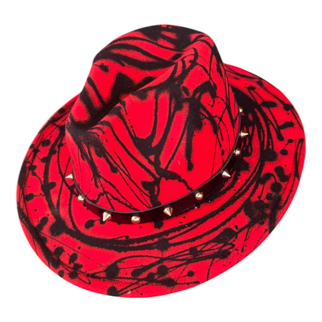 Bold Red Fedora With Black Splatter Paint, Leather Studded Band, and ...