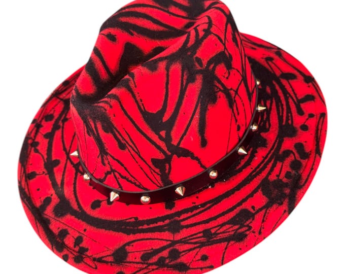 Bold Red Fedora With Black Splatter Paint, Leather Studded Band, and ...