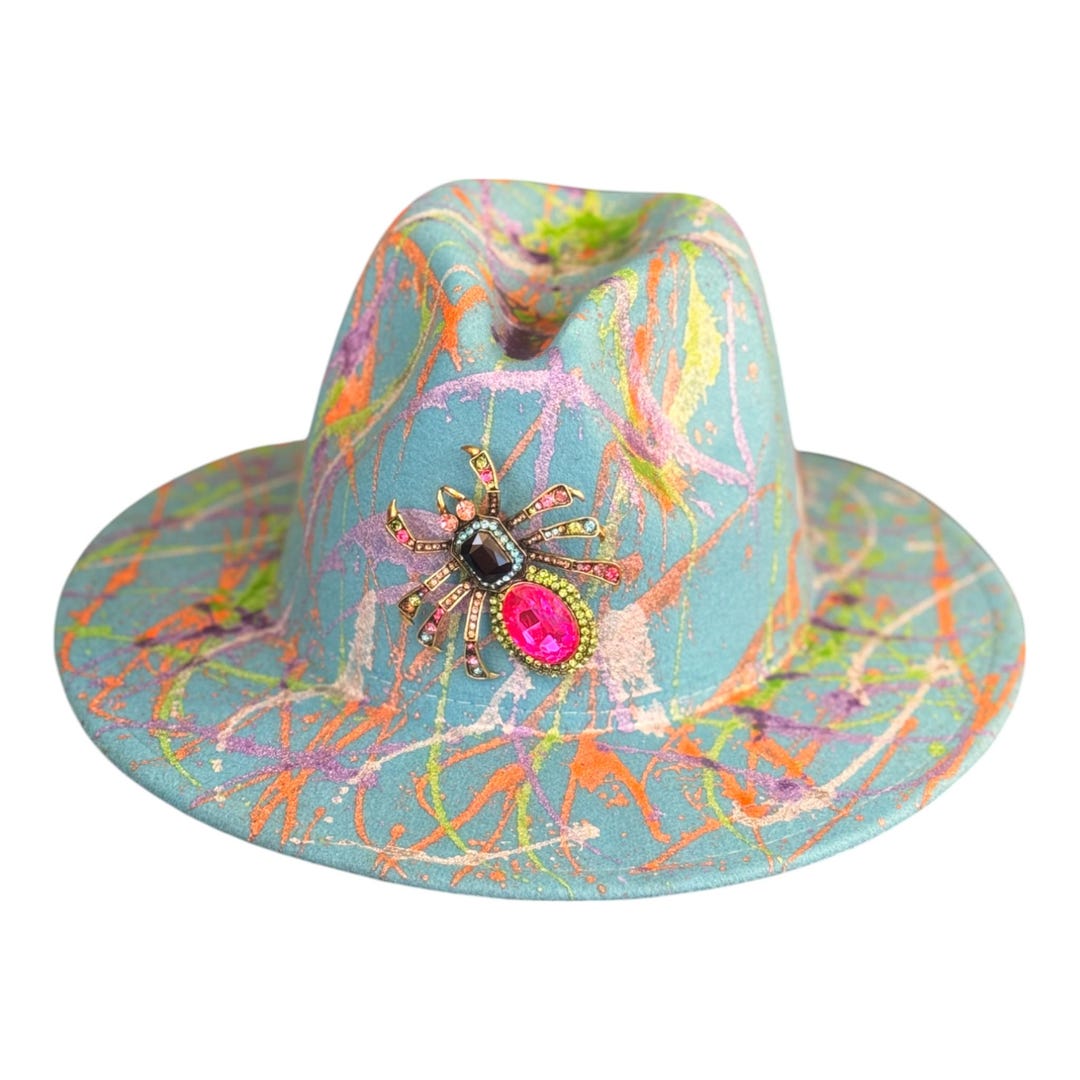 Ocean Splatter Fedora With Vibrant Colors and Unique Spider Pin ...