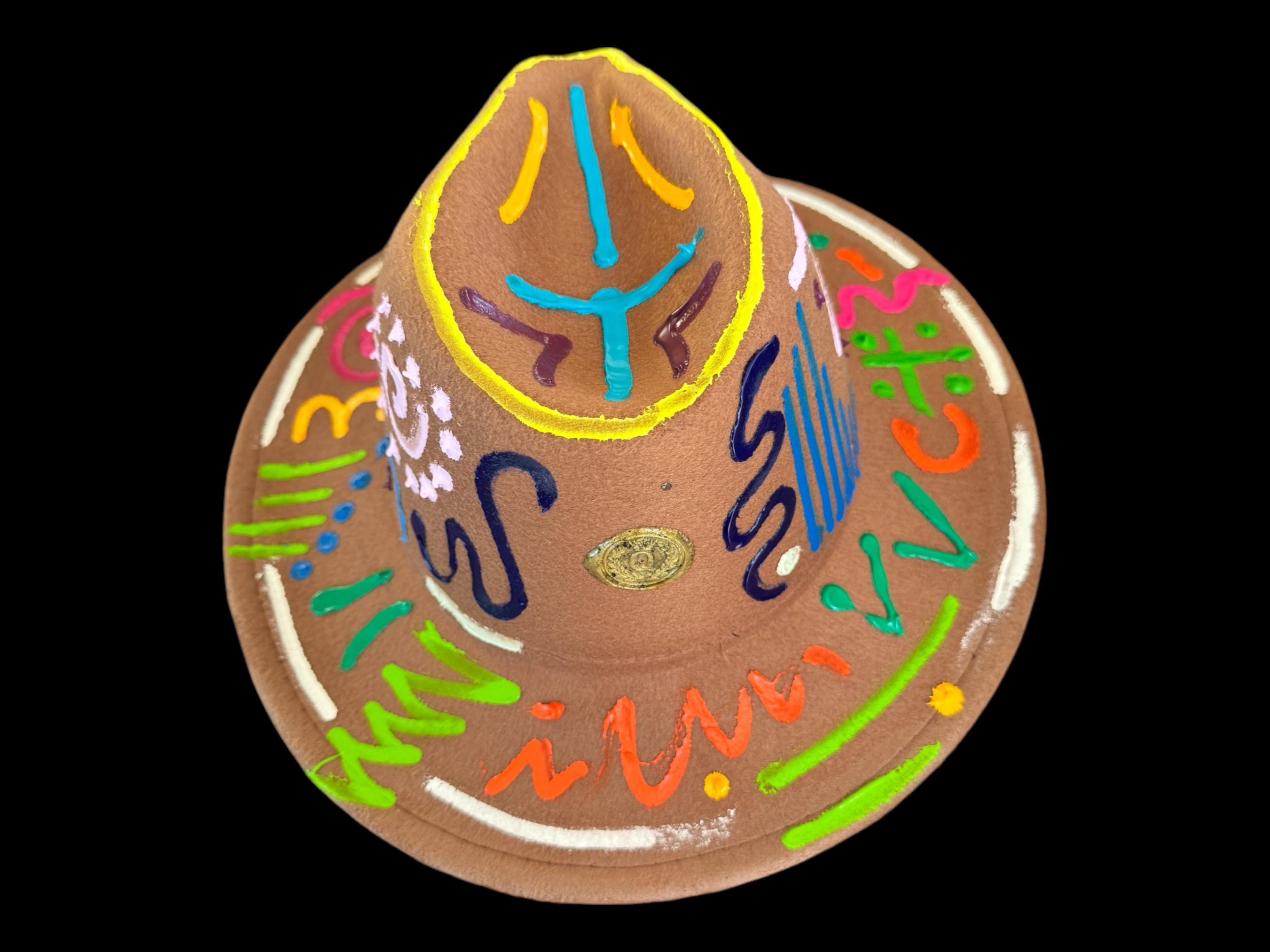 Hand-painted Brown Fedora Hat – Neon Festival Abstract Design – Unique ...