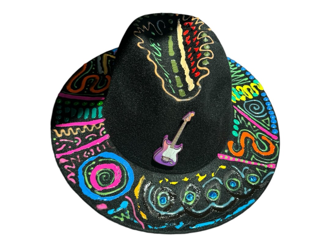 Psychedelic Guitar Festival Hat, Hand-painted, Vibrant Colors, Festival ...