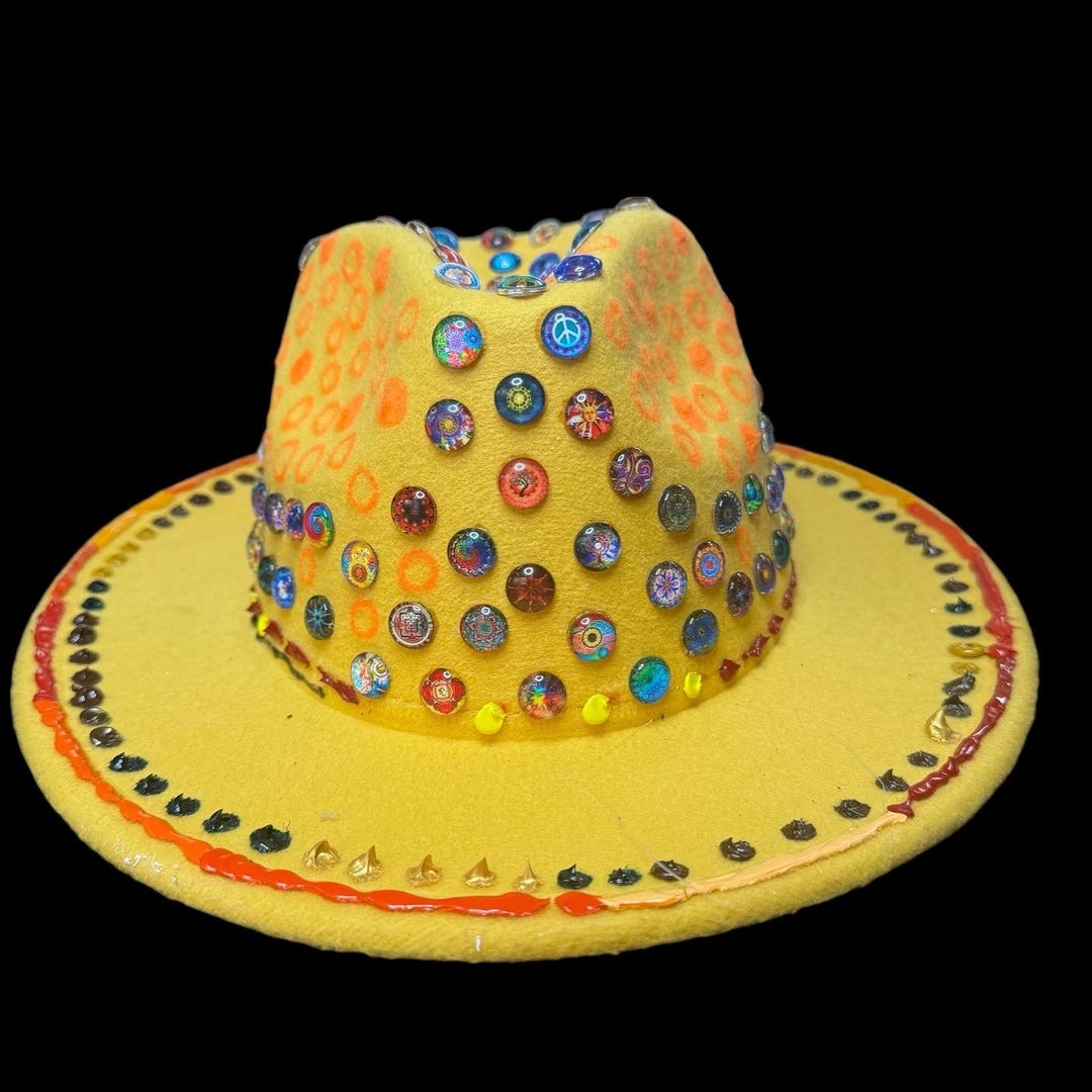 Handcrafted Yellow Fedora With Colorful 3D Circular Embellishments – UV ...