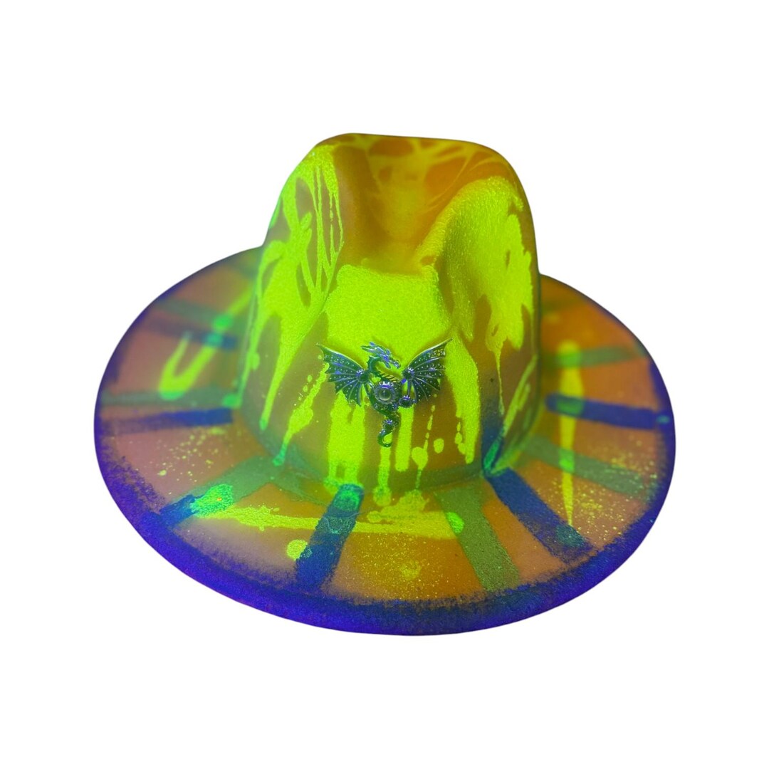UV Glow Dragon Fedora: Hand-painted Festival Hat With Brooch Large Brim ...
