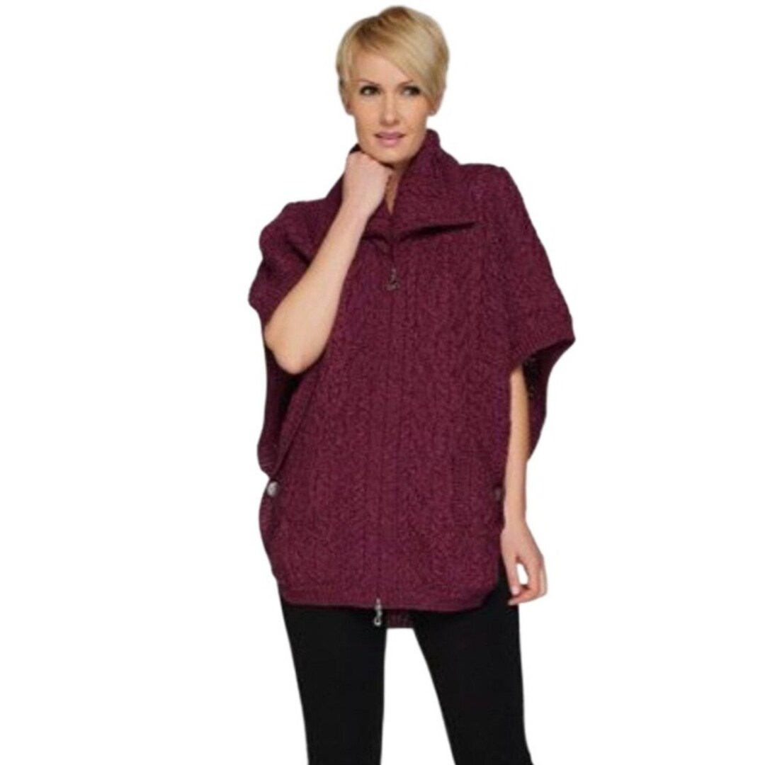 Aran Crafts Merino Wool Zip Front Cape Sweater W's M Poncho Dark ...