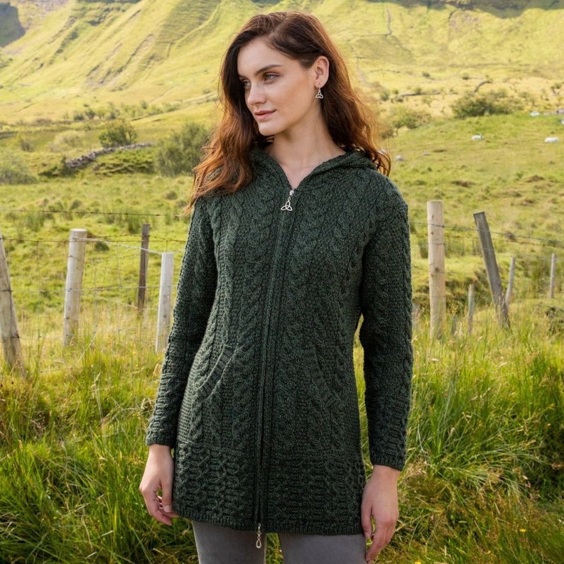 Aran Crafts Green Zip Cardigan Small Merino Cable Knit Hood Celtic ...