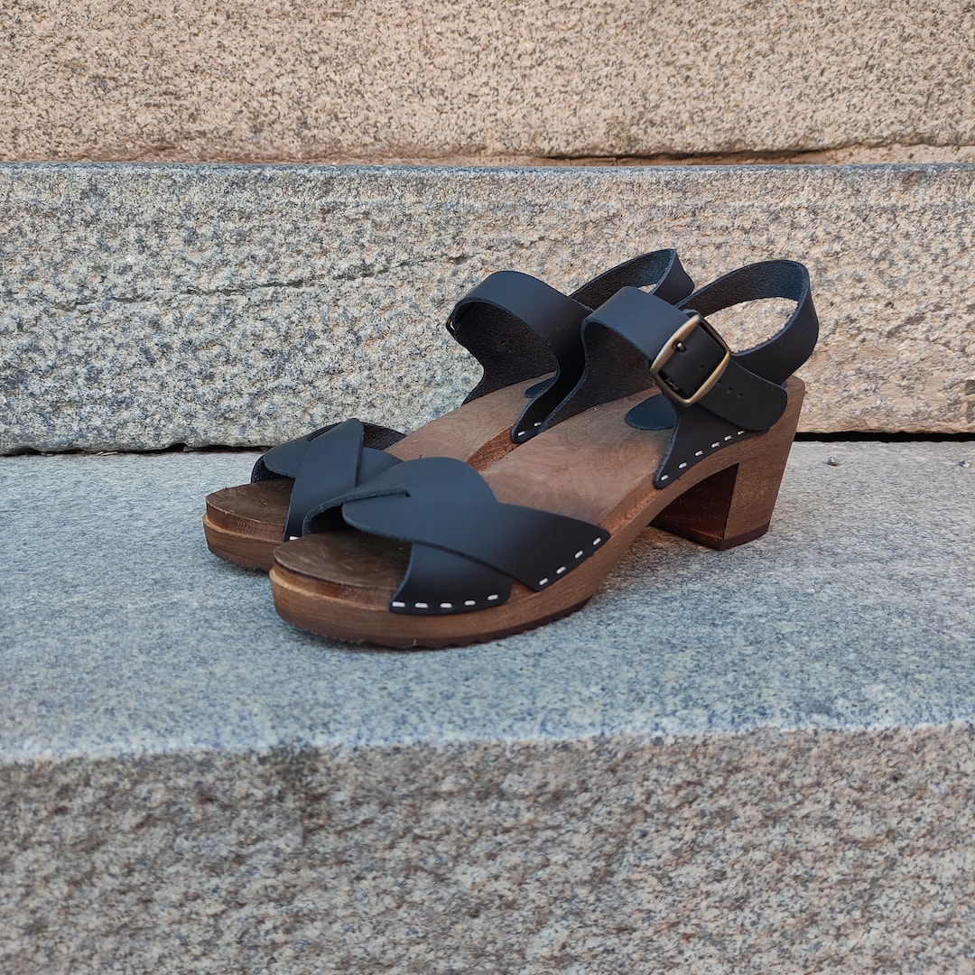 Swedish Clogs - NOVA - Peep Toe Wooden Clog Sandals - Nubuck Leather ...