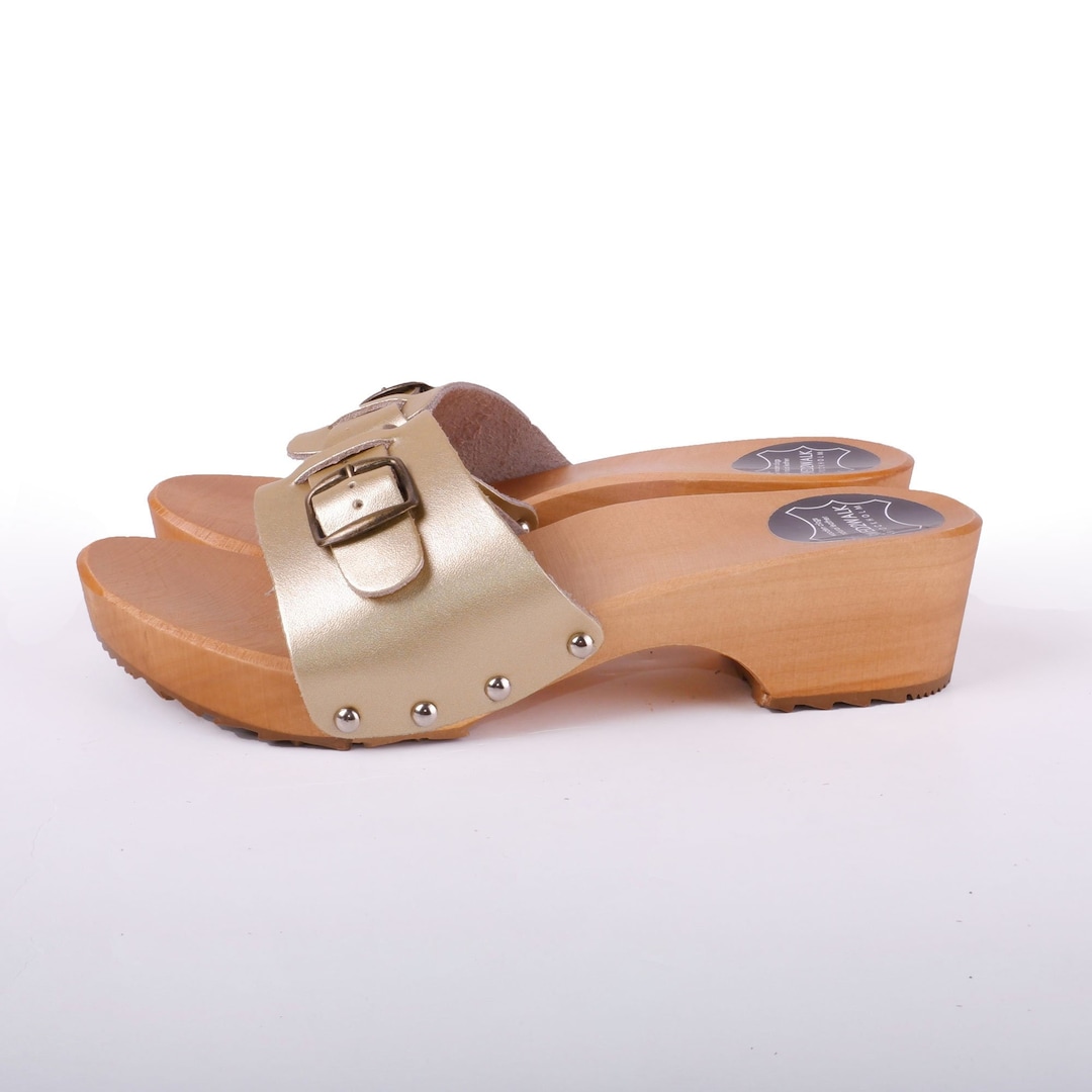 Swedish Clogs - Gold MIA - Sandals Moccasins Wooden Women Clogs Leather ...