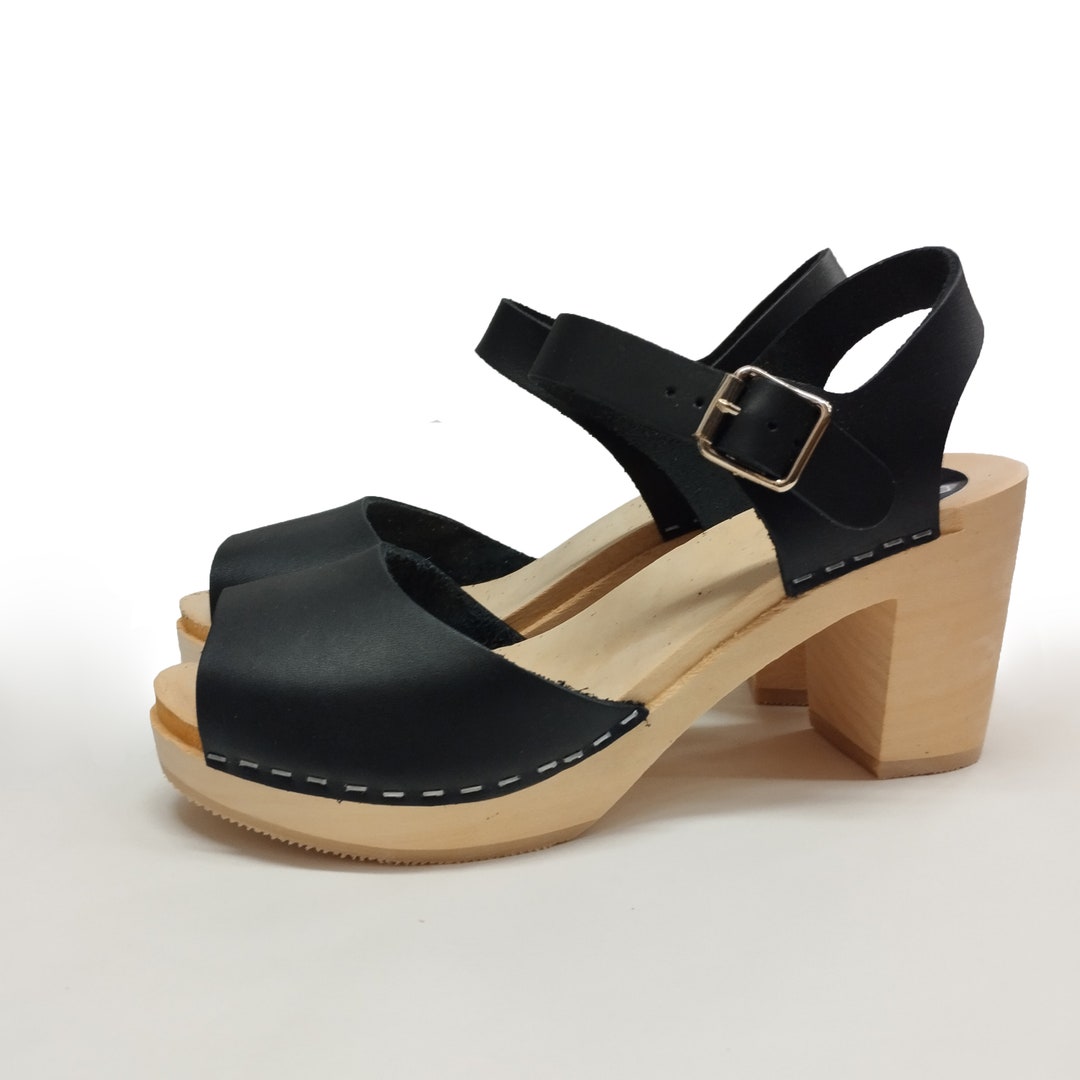 50%OFF Swedish Clogs LORETA - Peep Toe Black Handmade Sandals ...