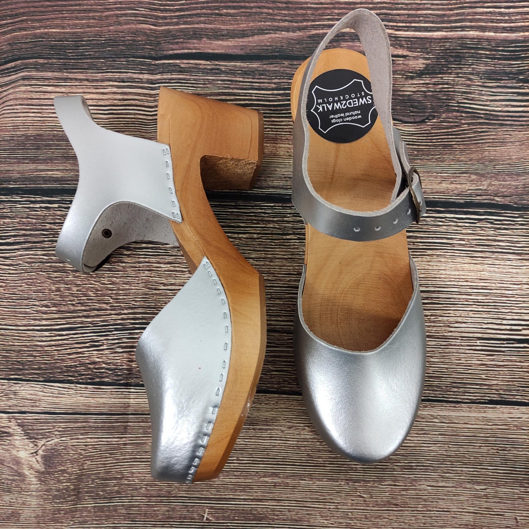 Metallic Swedish Clogs Silver ESTELLE Sandals Wooden Women Genuine ...