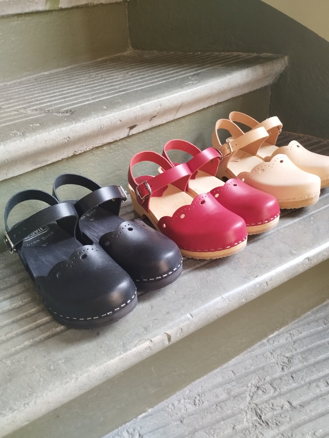 Swedish Clogs FLORA in Vegetable Tanned Leather in Black Red or Brown ...