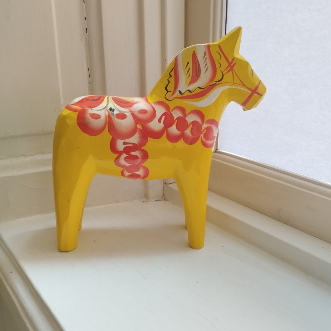 Dala Horse Sweden Yellow, Vintage Dalapferd Horse Figurine, Dalecarlian ...