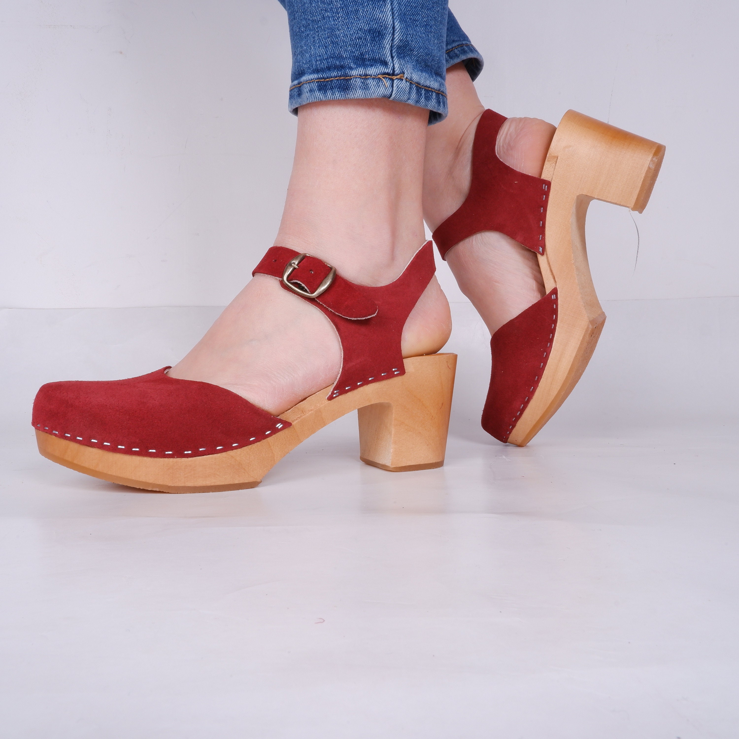 Swedish Clogs - ESTELLE Suede GREEN - Sandals Moccasins Wooden Women ...