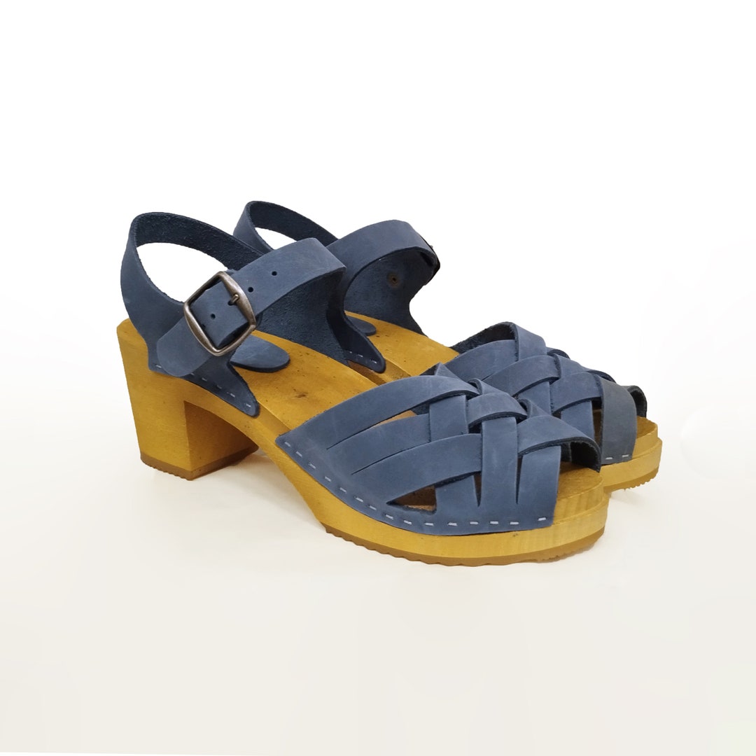 Swedish Clogs - ULLA - Peep Toe Braided Wooden Clogs Sandals - Nubuck ...
