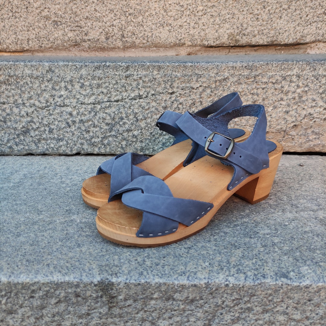 Swedish Clogs - NOVA - Peep Toe Wooden Clog Sandals - Nubuck Leather ...