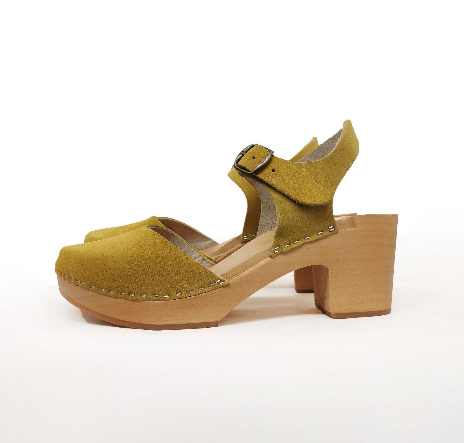Swedish Clogs - ESTELLE Suede GREEN - Sandals Moccasins Wooden Women ...