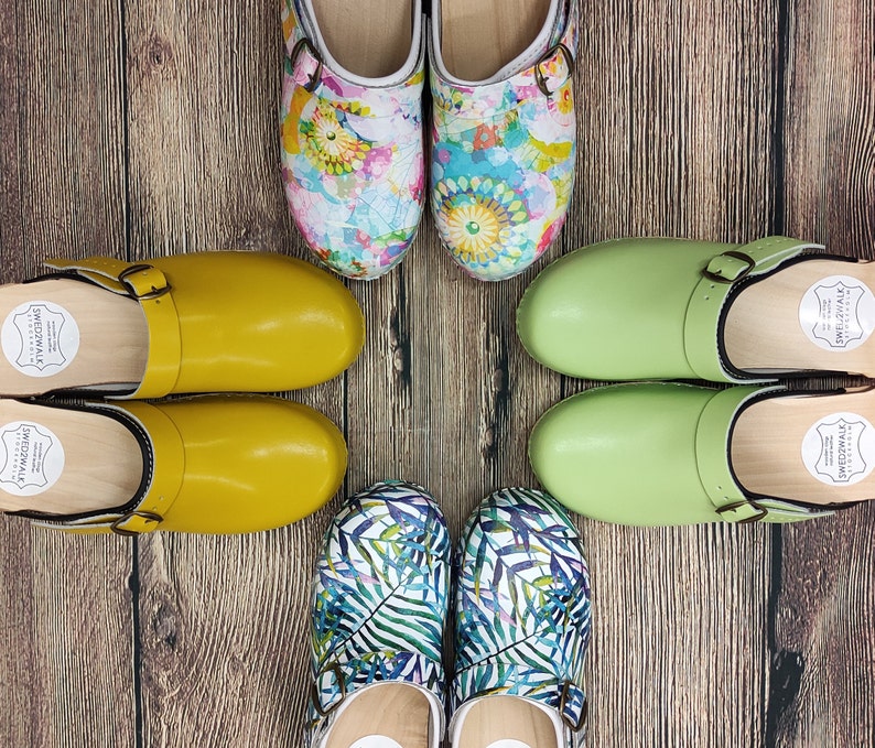 Swedish Clogs - BONDA YELLOW Lime Jungle Palm LEAF Sandals Moccasins ...