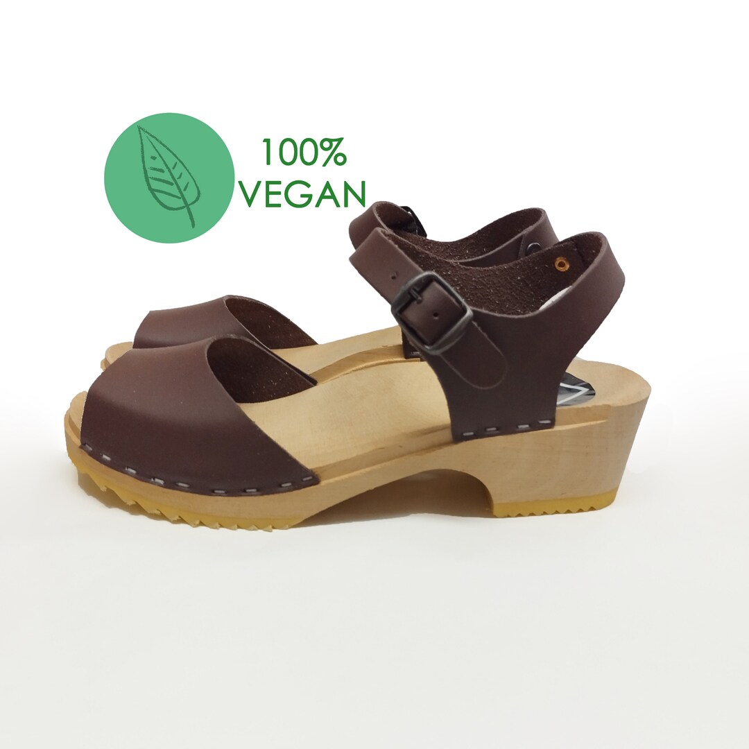 Vegan Swedish Clogs - LUNA - Peep Toe Brown - Handmade Vegan Leather ...