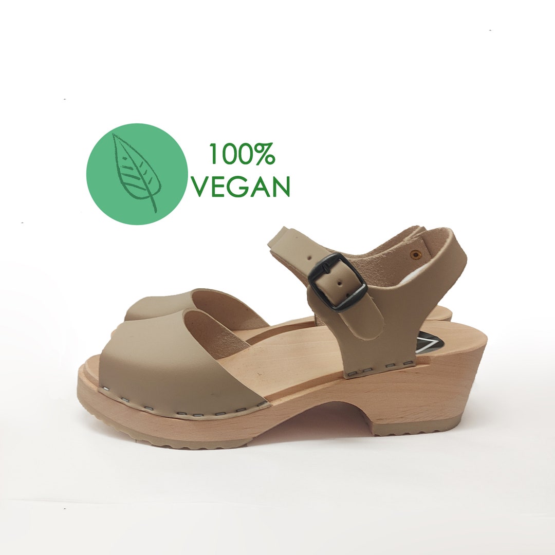 Vegan Swedish Clogs - LUNA - Peep Toe Beige - Handmade Vegan Leather ...