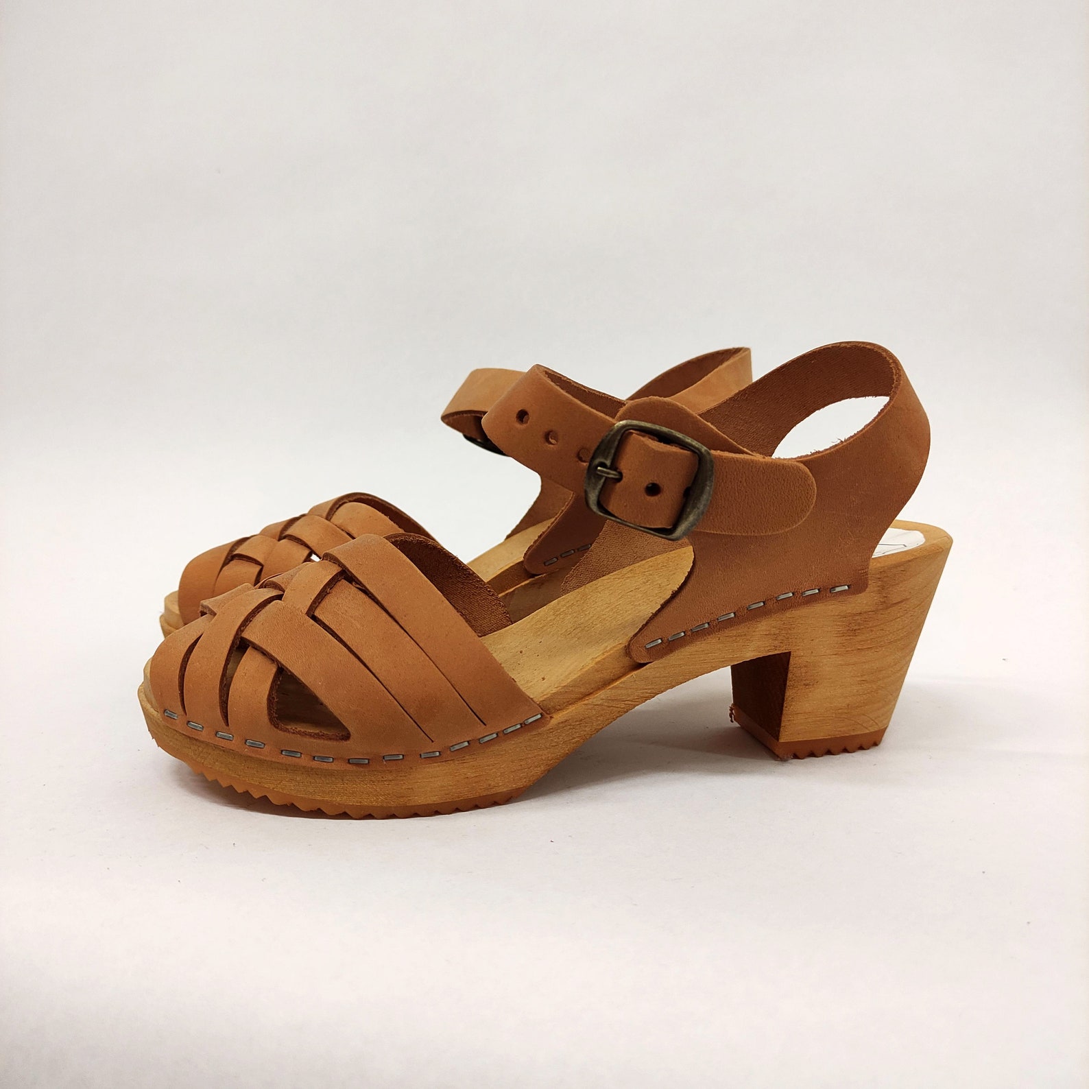 Swedish Clogs - ULLA - Peep Toe Braided Wooden Clogs Sandals - Nubuck ...