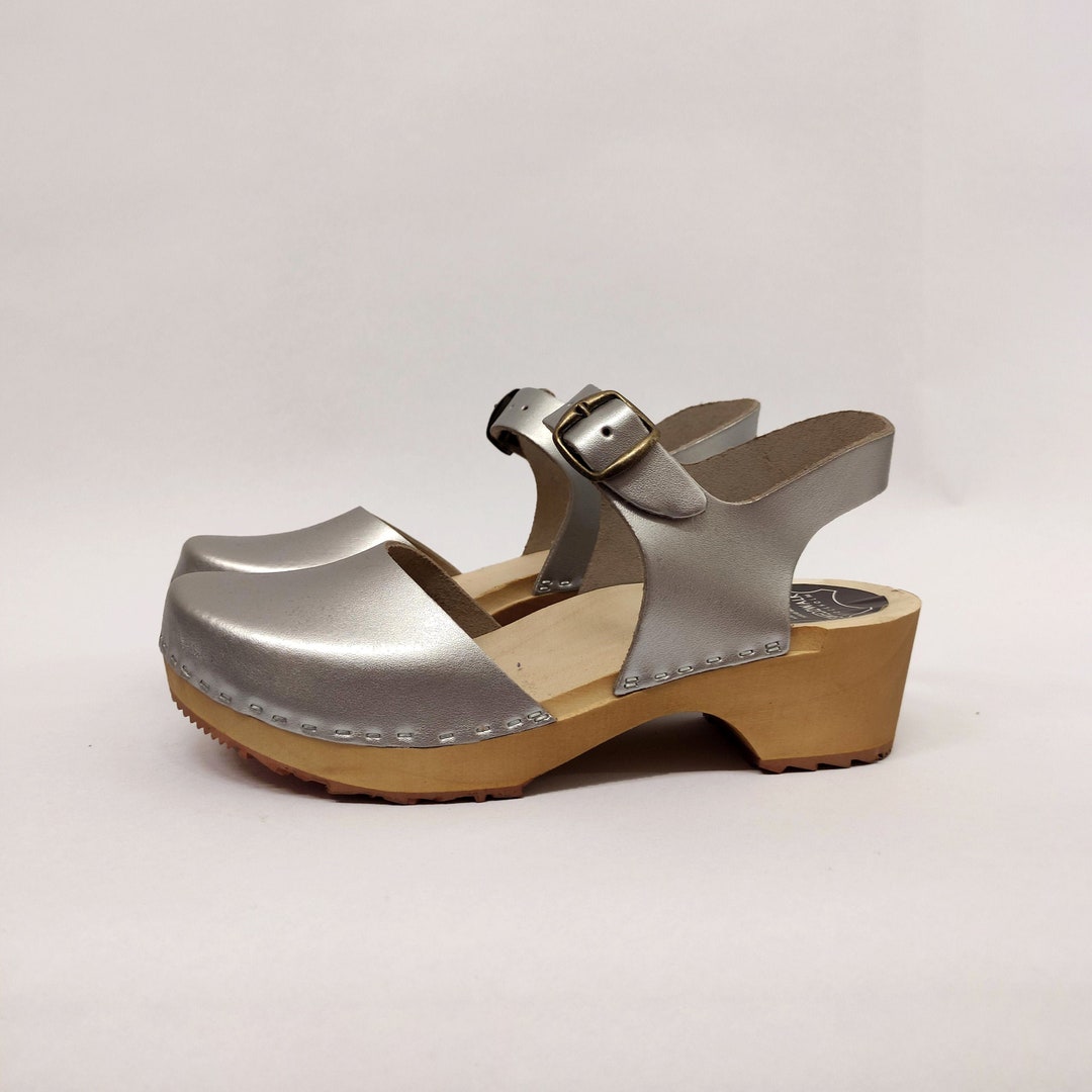 SILVER Swedish Clogs - MARITA - Sandals Wooden Leather Clog Metallics ...