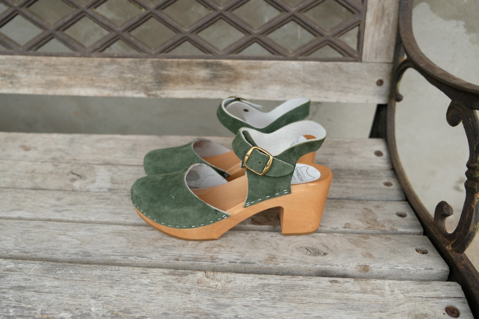 Swedish Clogs ESTELLE Suede GREEN Sandals Moccasins Wooden - Etsy UK