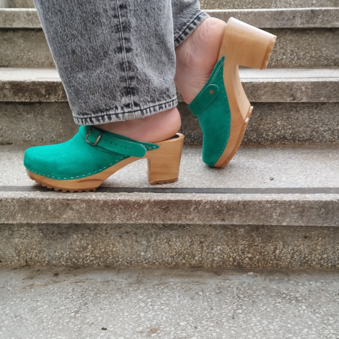 Swedish Wooden Clogs LOTTA Green With High Heels - Sandals Moccasins ...