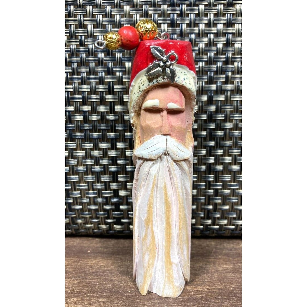 Hand Carved Santa Claus Whittled Wood Christmas Ornament OOAK Folk Art ...