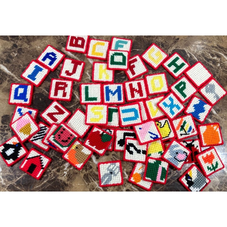 Alphabet Needlepoint Vintage Kids Match Game Plastic Canvas 1.75" Block ...