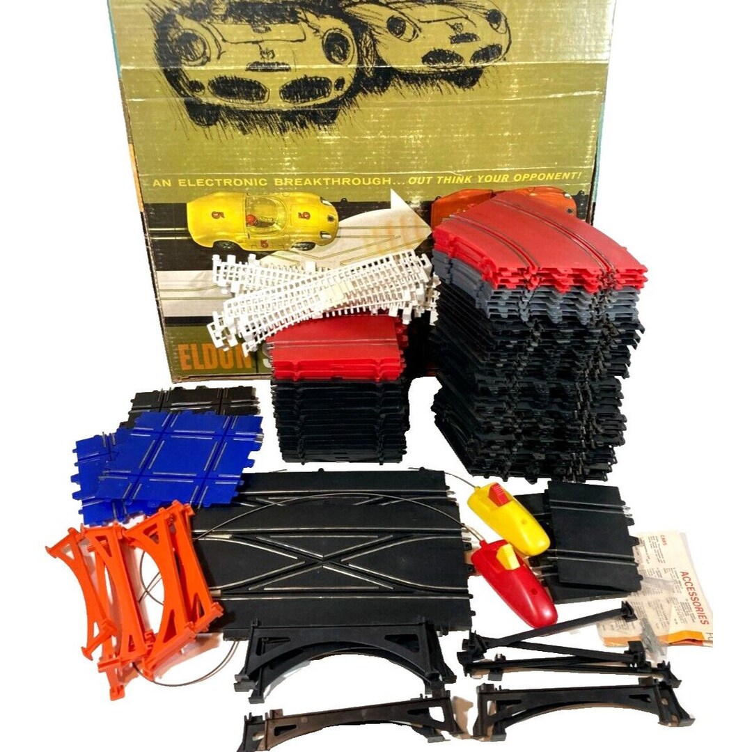 Vintage 1960's ELDON UNGAR Slot Car 69 Piece Track Lot BOX Accessories ...