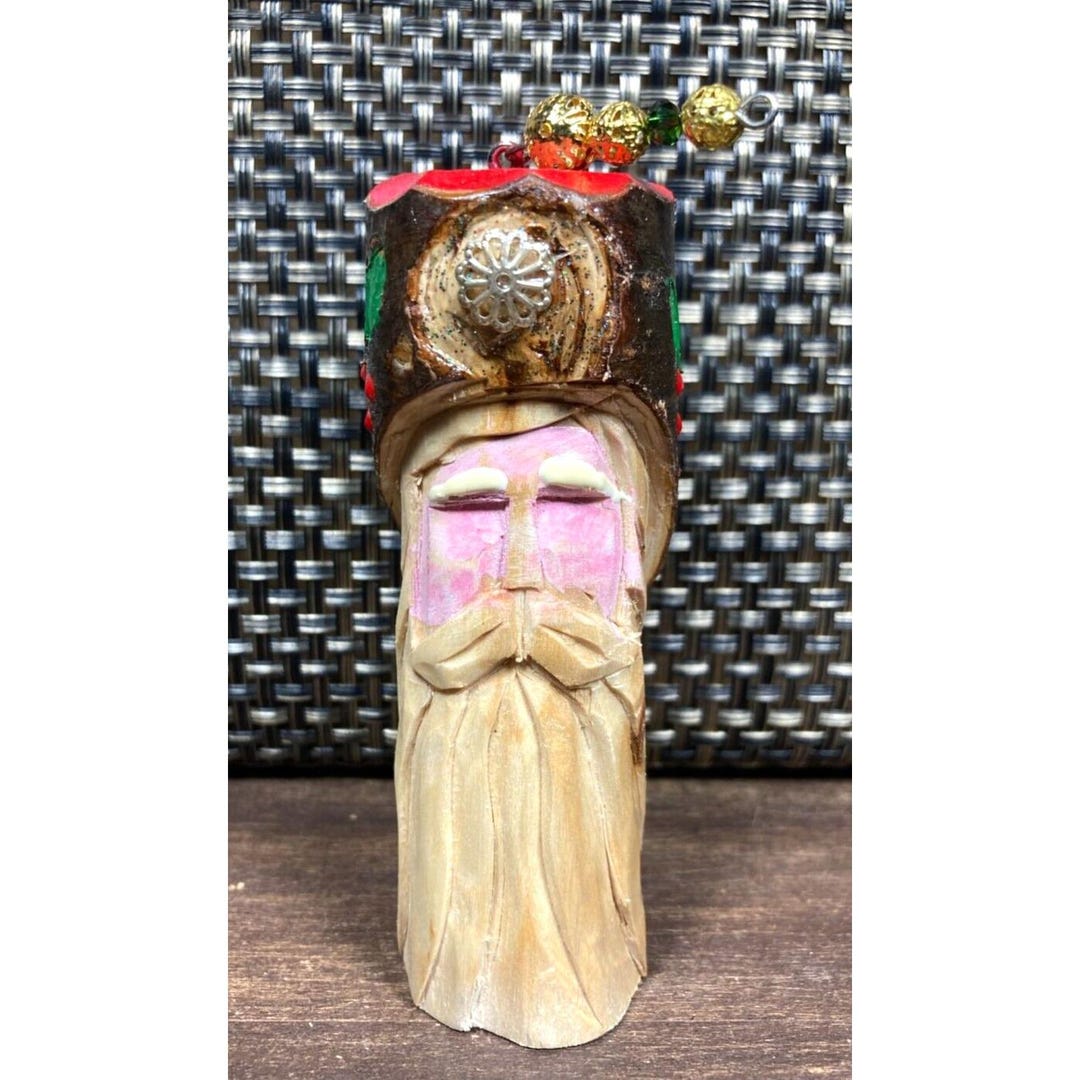 Hand Carved Santa Claus Whittled Wood Christmas Ornament OOAK Folk Art ...