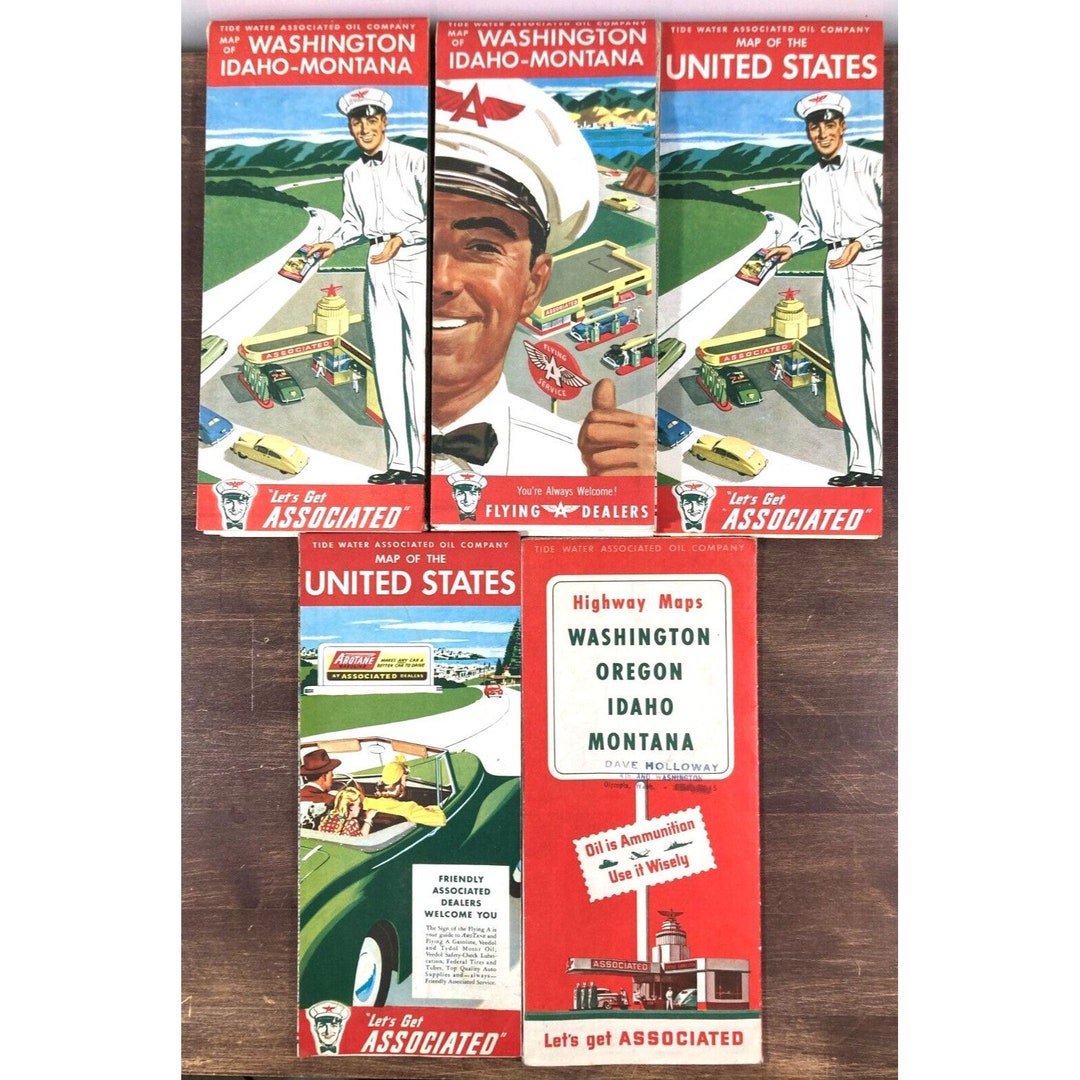 Vintage 1950s FLYING A Gas Station ROAD MAPS Lot of 5 Tidewater Veedol ...