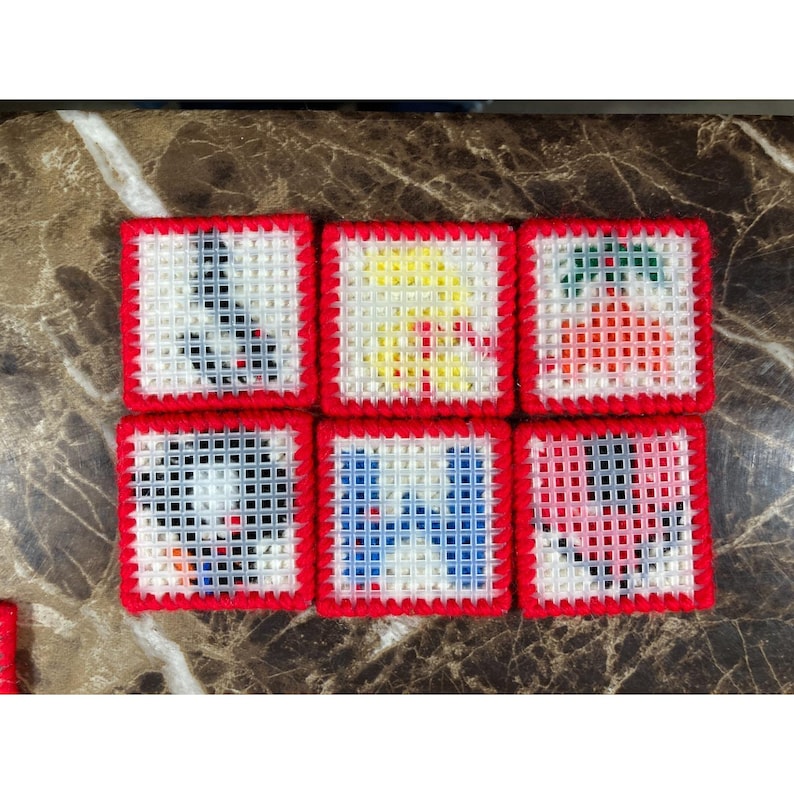 Alphabet Needlepoint Vintage Kids Match Game Plastic Canvas 1.75" Block ...