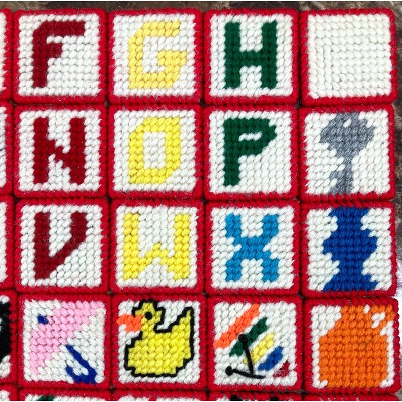 Alphabet Needlepoint Vintage Kids Match Game Plastic Canvas 1.75" Block ...