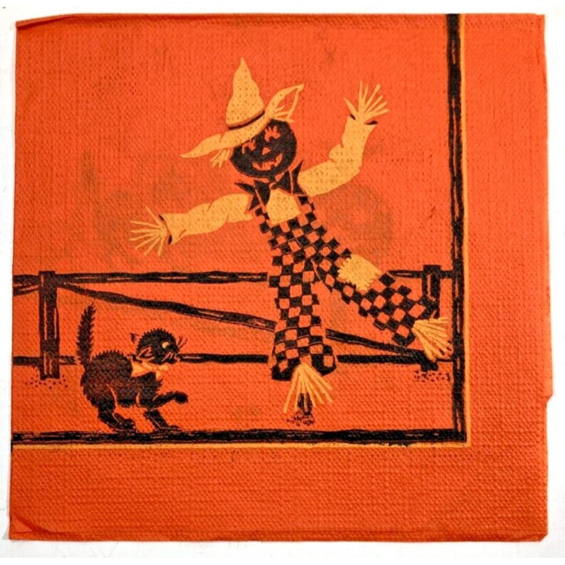 Vintage HALLOWEEN NAPKIN 1930s 40s Scarecrow Haunted House Bats Crepe ...