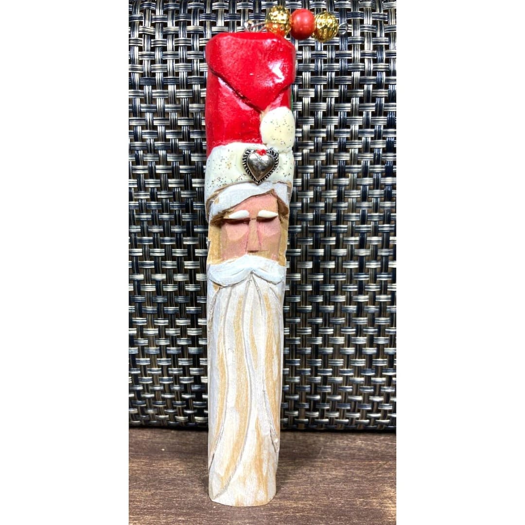Hand Carved Santa Claus Whittled Wood Christmas Ornament OOAK Folk Art ...