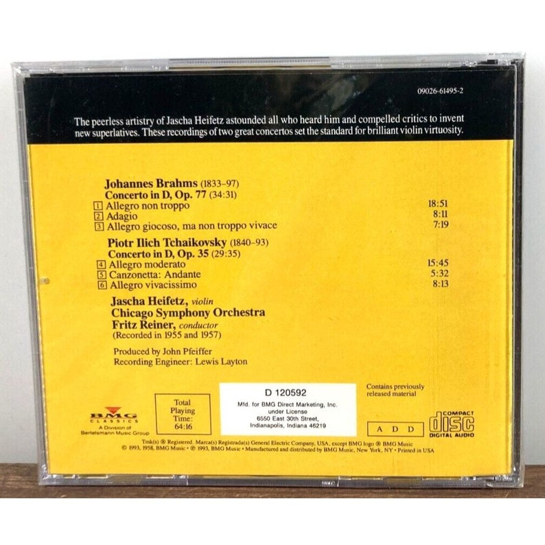 BRAHMS / TCHAIKOVSKY Violin Concertos Heifetz Reiner CD New Chicago ...