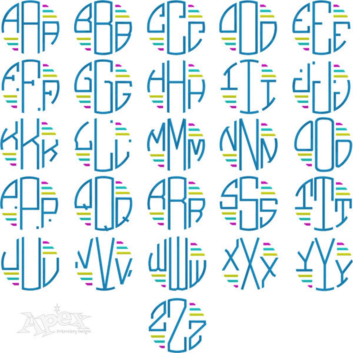 Round Circle Lined Monogram Large Machine Embroidery Font 3 - Etsy