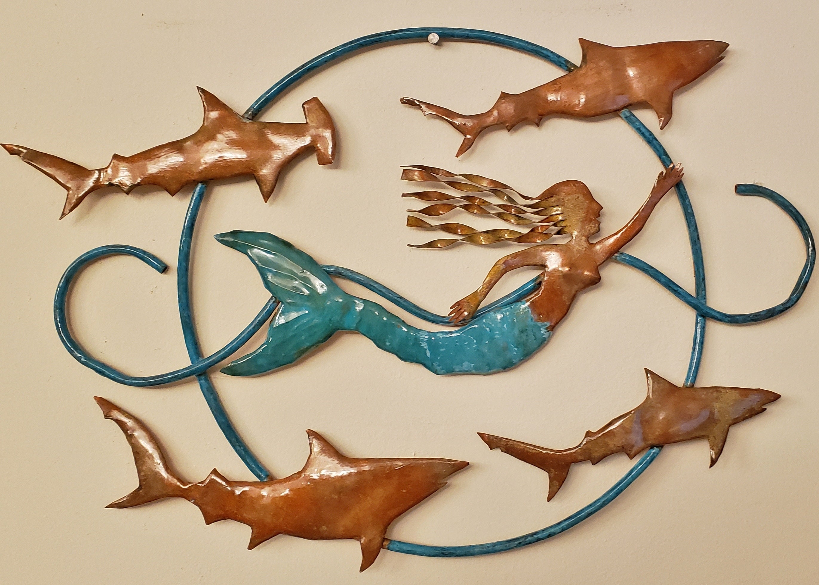 Handmade Copper Mermaid With Sword Fish and Devil Ray Wall Art With Sea ...