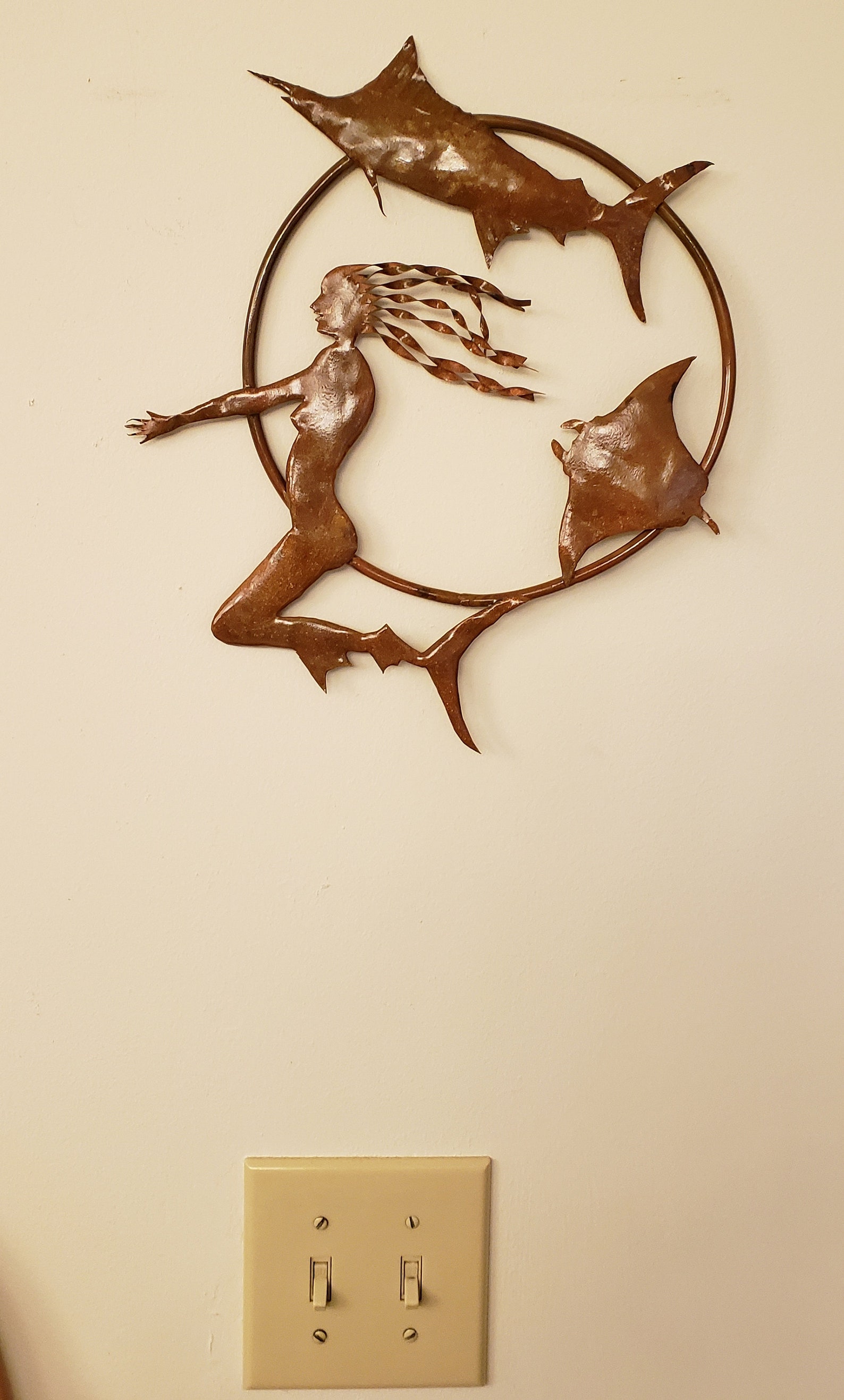 Handmade copper mermaid with swordfish and devil ray wall art. | Etsy