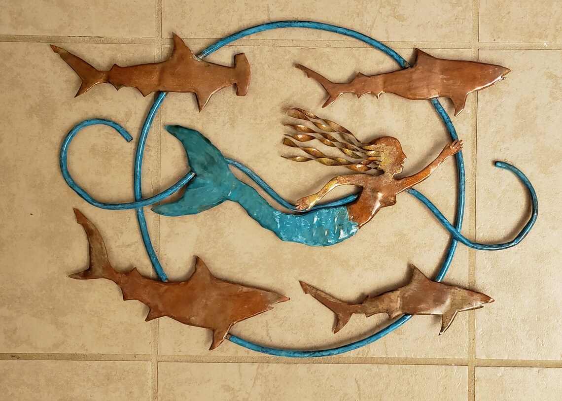 Handmade Copper Mermaid With Sword Fish and Devil Ray Wall Art With Sea ...