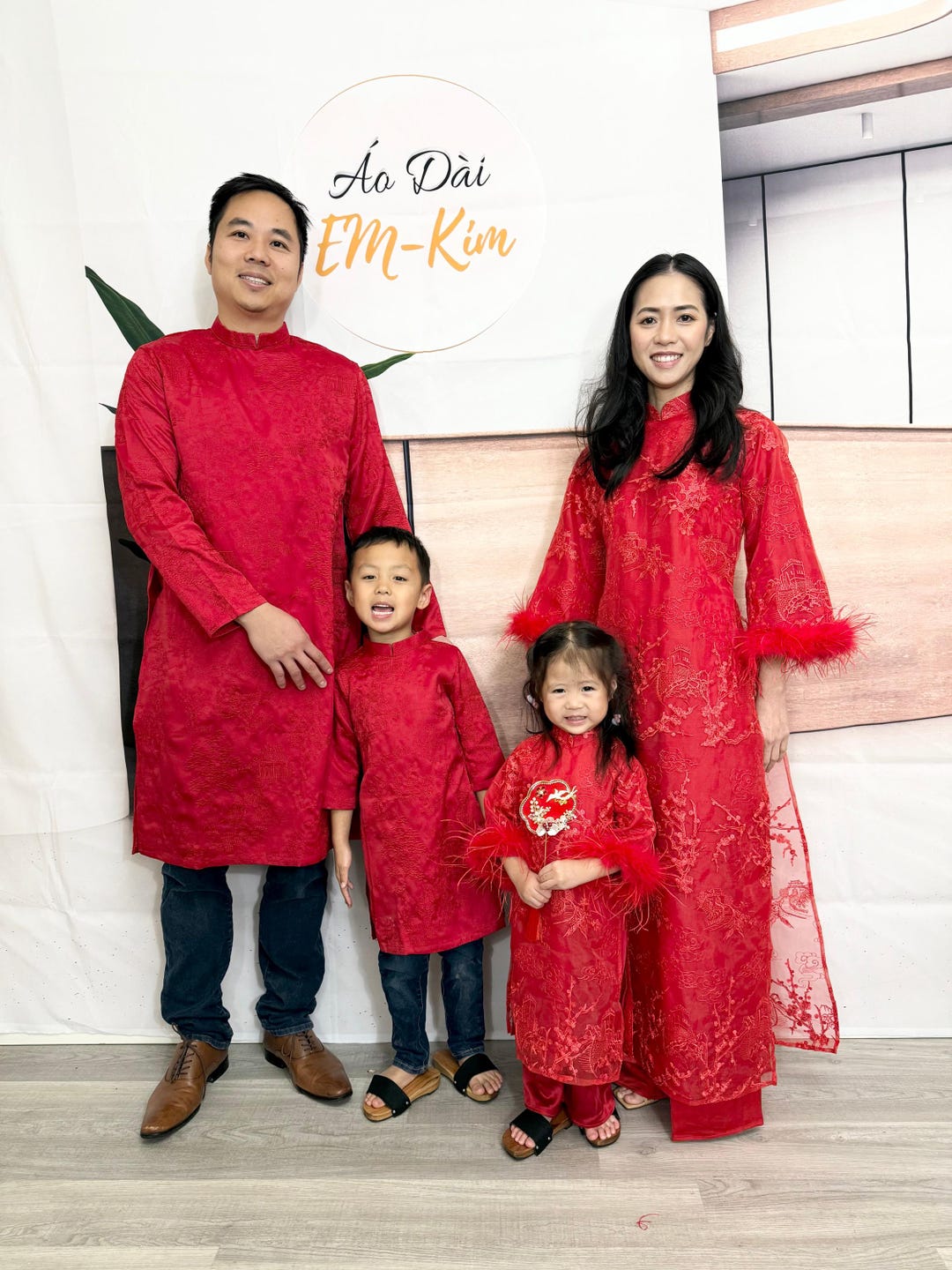 Red Fur Family Matching Ao Dai, Pre-made Modernized Vietnamese Ao Dai ...
