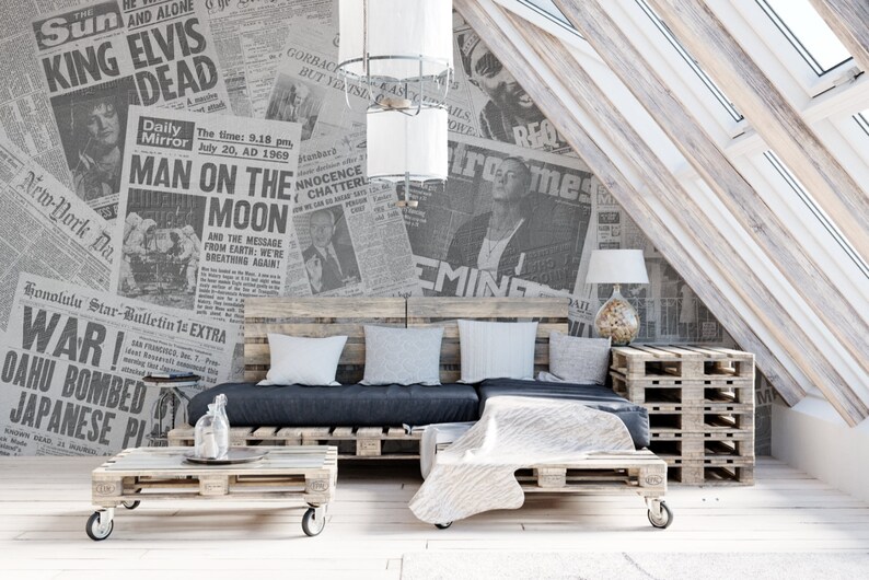 Grunge Newspaper Print Wallpaper: Fiberglass Headlines Mural - Etsy