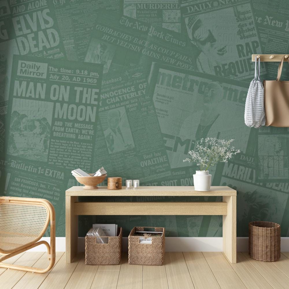 Green Newspaper Wallpaper Green Mural Fiberglass Wallcoverings Custom ...