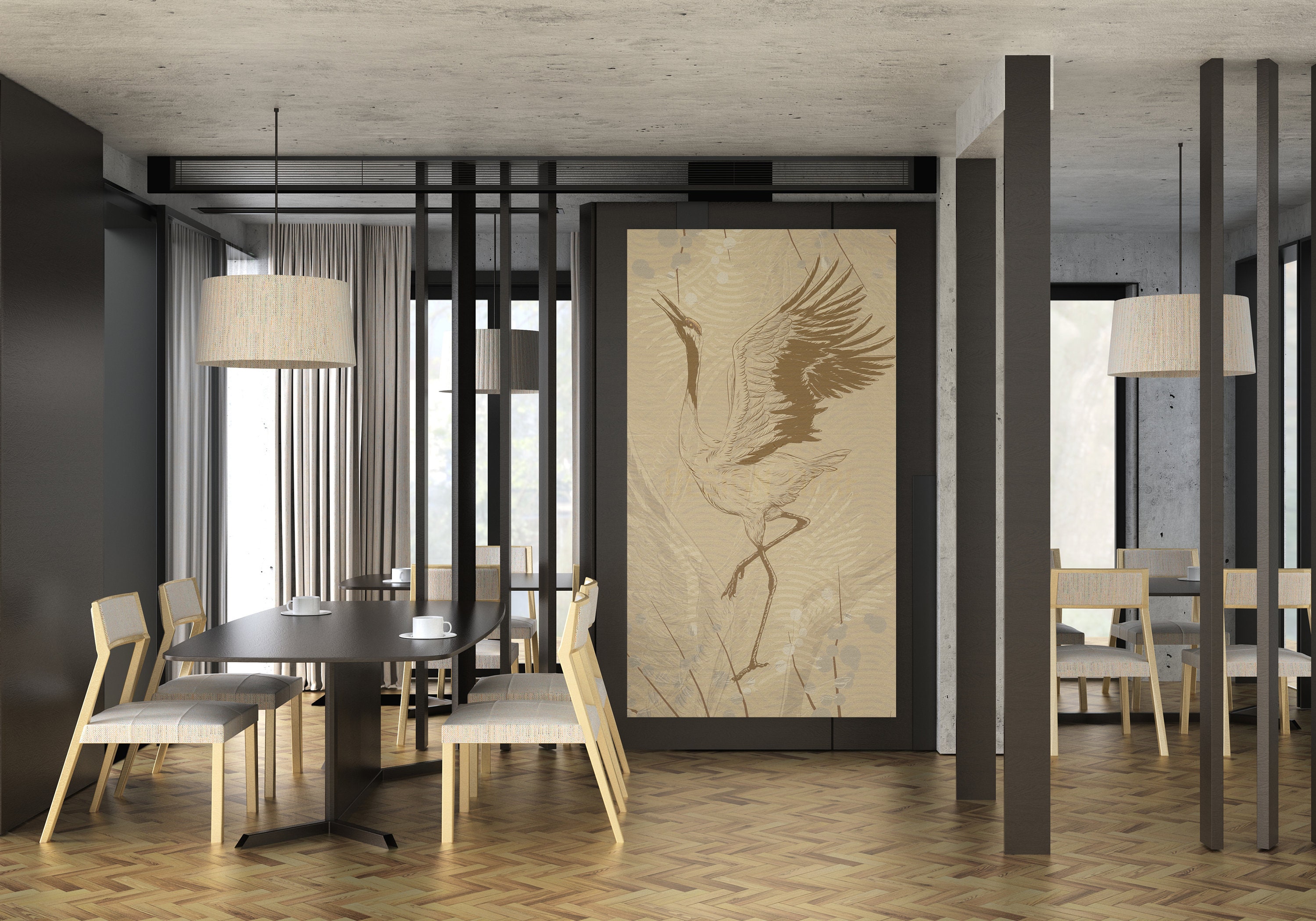 Brown Beige Wallpaper I Crane Fiberglass Wallpaper I Bird Crane Wallcoverings I Brown Bird Easy ...