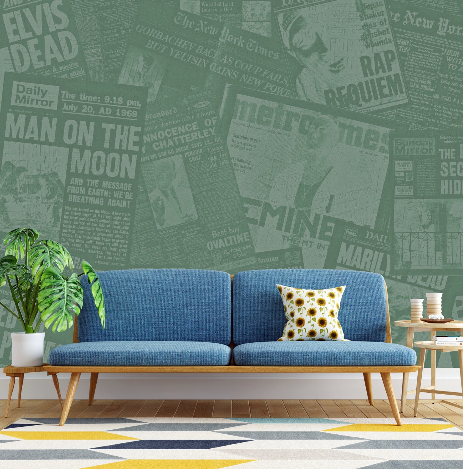 Green Newspaper Wallpaper Green Mural Fiberglass Wallcoverings Custom ...